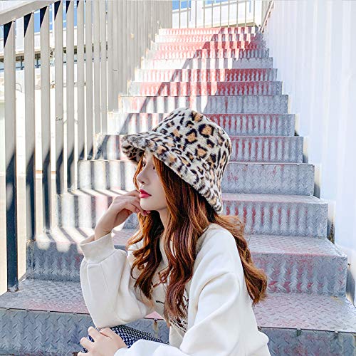 Women's Leopard Print Faux Fur Bucket Hat Fluffy Winter Warmer Plush Fisherman Cap