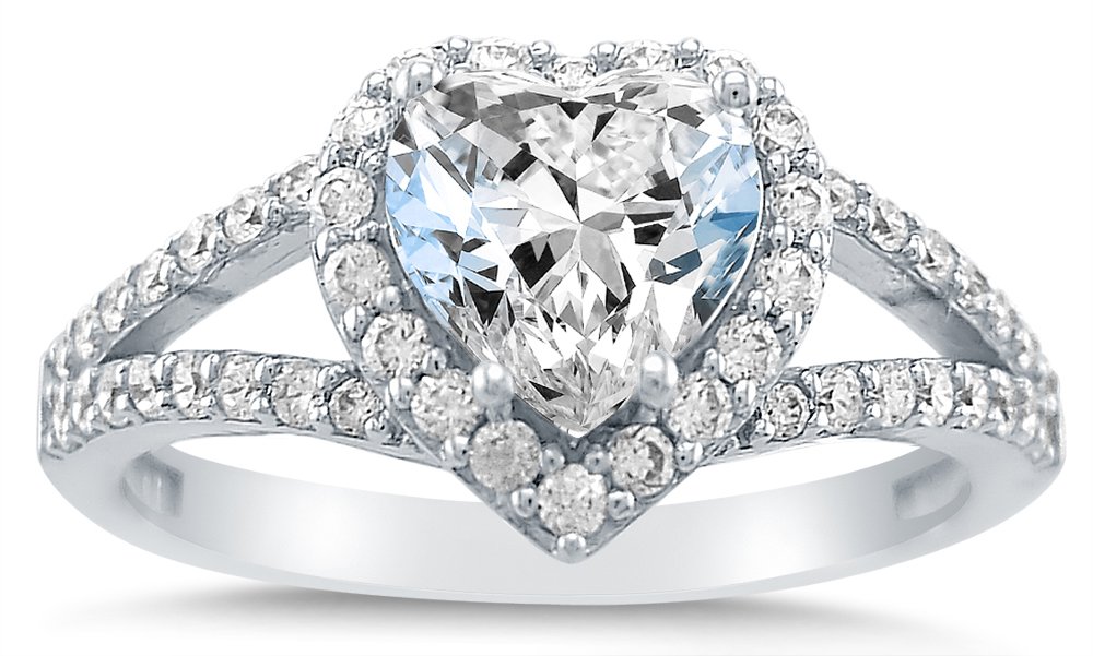 Size 9 - Solid 14k White Gold Heart Shape Solitaire with Round Side Stones CZ Cubic Zirconia Engagement Ring 2.0ct.