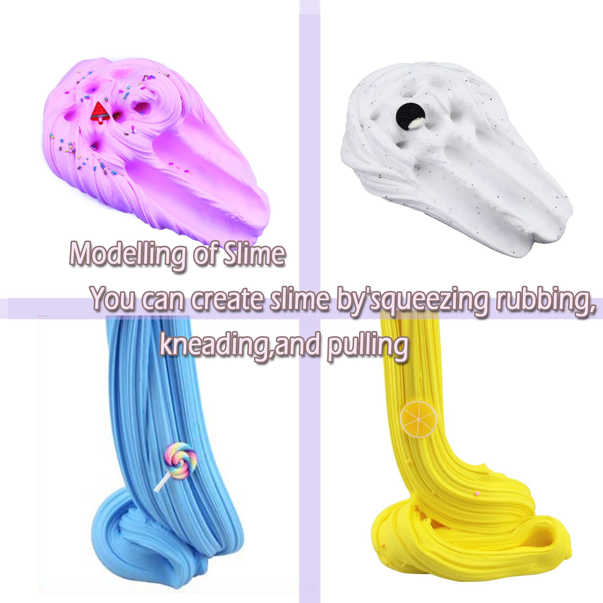 wkjwjy Fluffy Butter slime Kit 4 Pack, Big Ice Cream Making Cloudz Dope Glossy for Toddlers age, Soft Scented Stretchy Non Toxic with Charms Cute Stuff,Age 6-8 Girls Boys Birthday Easter