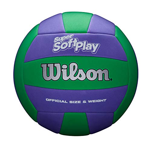 Wilson Super Soft Play Volleyball - Green/Purple, 18-Panel, Machine-Sewn Construction, Butyl Rubber Bladder, Sponge-Backed Synthetic Leather Cover, Ideal for Ages 13 and Up