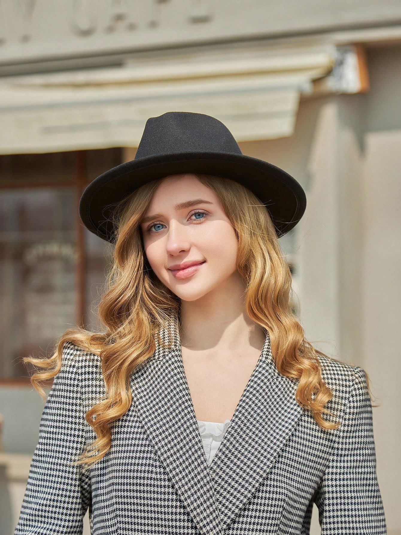 Women's Felt Panama Hats Classic Wide Brim Rancher Fedora with Belt Buckle (Black, 56-58cm/22-22.8in)