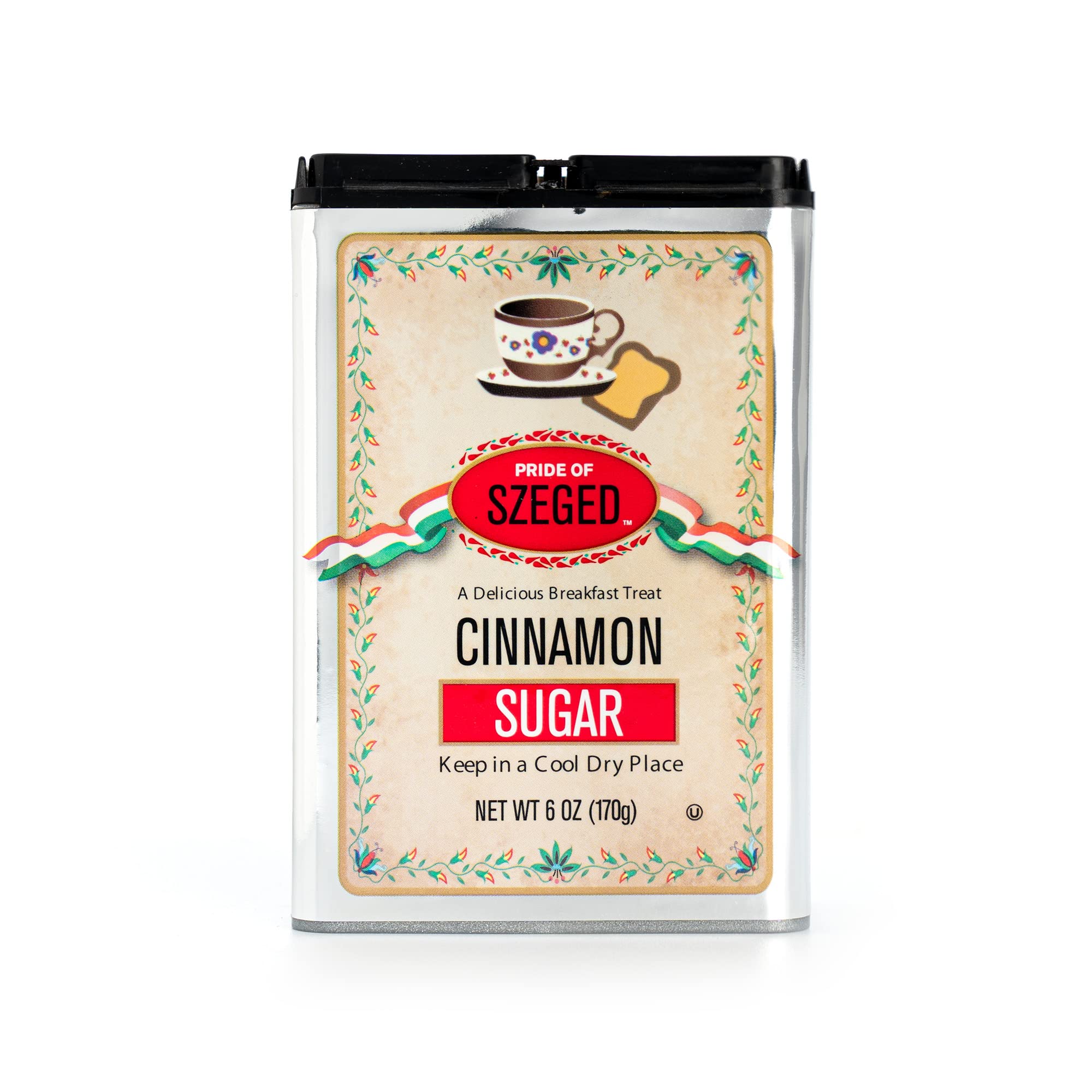Pride of Szeged Cinnamon Sugar Shaker, Sift or Pour Top Openings, 6oz. Tin, 1-Count