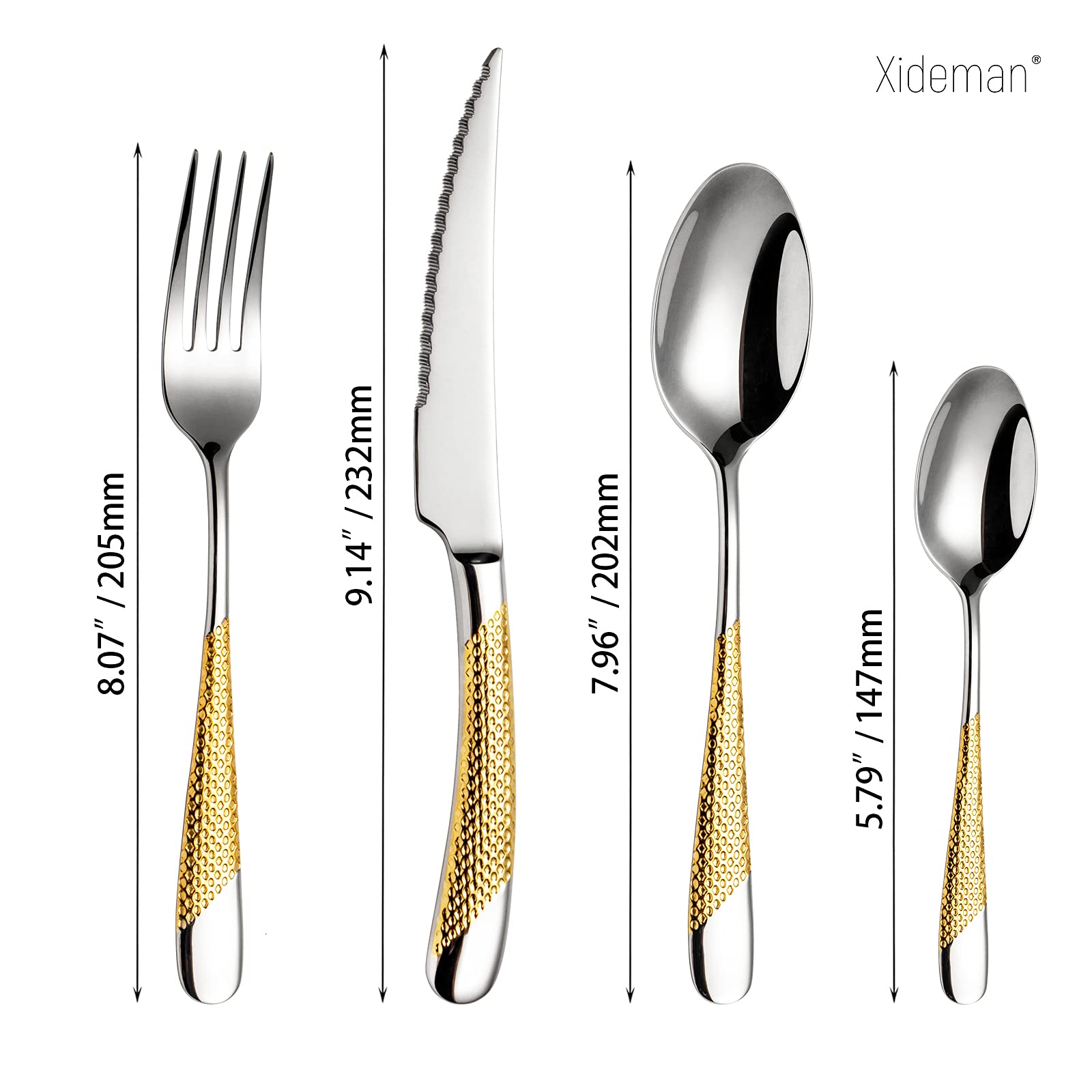 Xideman 16 Piece Hammered Silver Gold Silverware Set, Modern Golden 18/10 Stainless Steel Flatware Set, Kitchen Utensil Set Service for 4, Tableware Set, Cutlery Set, Knives Forks Spoons Set