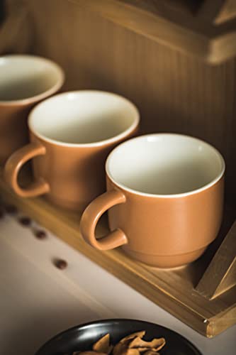 YHOSSEUN 11 Oz Coffee Mug Set Porcelain Stackable Mug with Stand and Metal Spoon - Tea Cups Demitasse Cups for Drinks, Espresso, Latte - Porcelain Stackable Coffee Mugs with Rack Set of 4, Brown