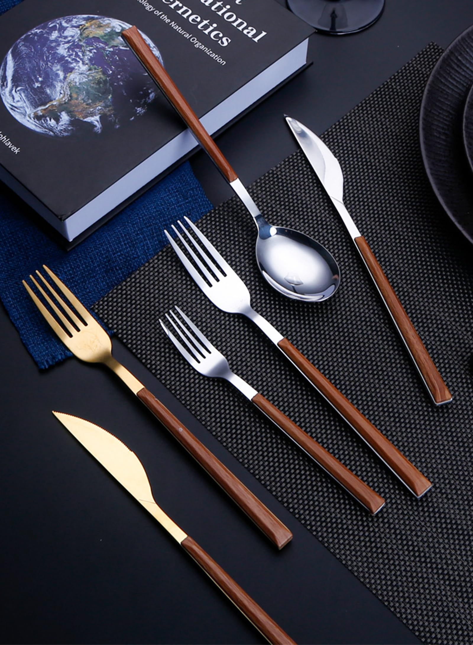 Wooden Silverware Set With Wood Grain Handle 30 Pcs Flatware Sets Service for 6 Stainless Steel Home Kitchen Wedding Restaurant Cutlery Utensils Set Forks Spoons and Knives Delicate Tableware