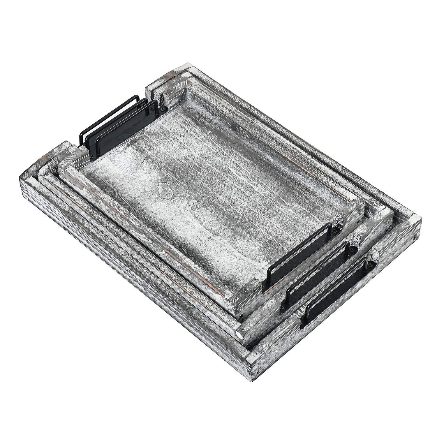 VERGOODR Country Rustic Torched Wood Nesting Breakfast Serving Trays with Handles, Set of 3 (White Grayish)