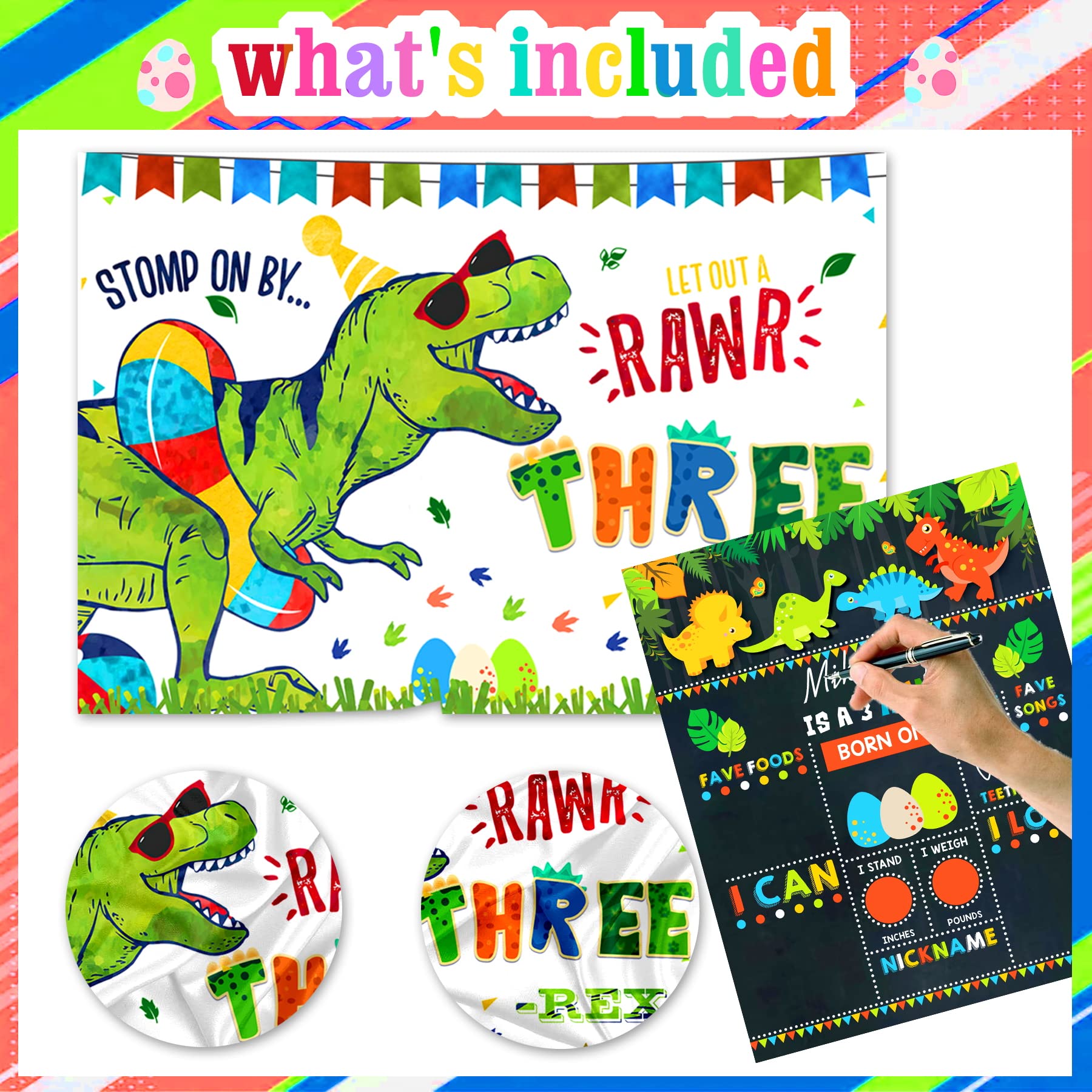 Three Rex Birthday Party Decorations Boy, Dinosaur 3rd Birthday Party Decorations Supplies,3 Rex Birthday Party with 3 Rex Birthday Backdrop Dinosaur Balloons Kit for 3rd Birthday Decorations for Boys