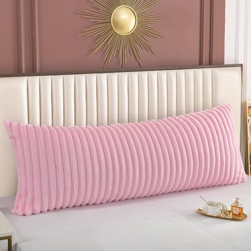 Yunyiio Faux Fur Body Pillowcase, Deluxe Plush Embellished Striped Pillowcase, Zipper Closed Pillowcase, Body Pillowcase 21x54 inch ((Pink) Vertical bar)