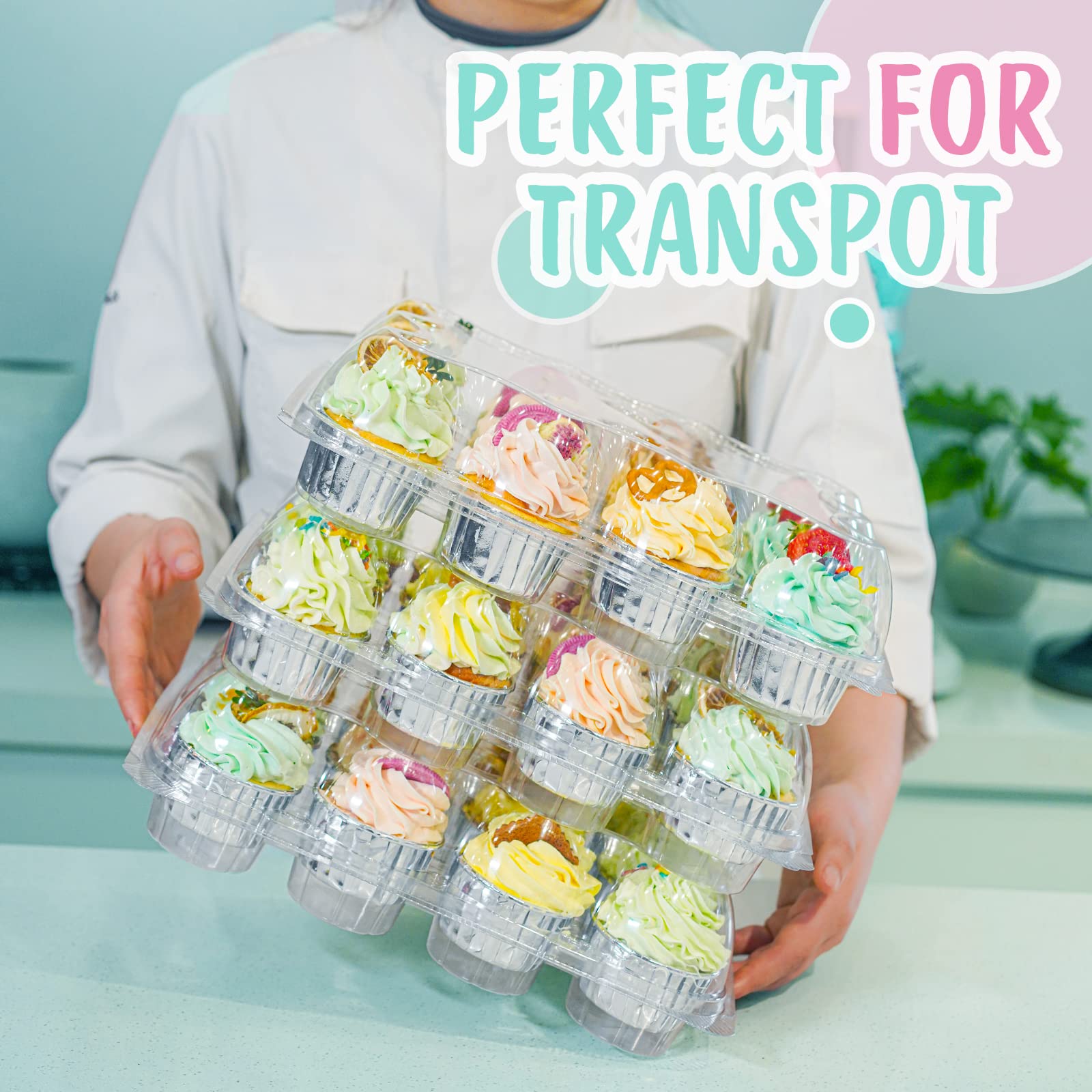 wookgreat (12 Pack x 25 Sets) Stackable Cupcake Carrier with 300 Pack Cupcake Liners and 30 Spoons, Plastic Cupcake Boxes Holders for 12 Cupcakes, Cupcake Containers, Clear Disposable Cupcake Trays