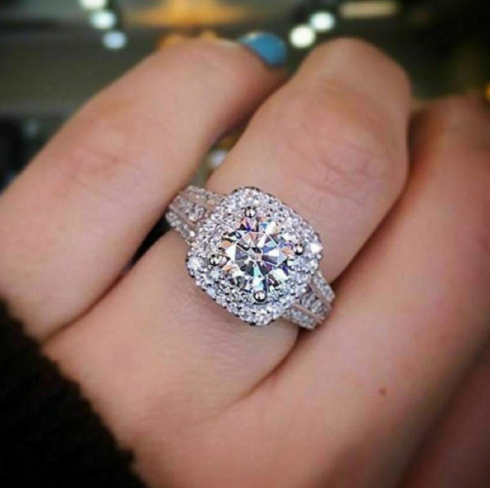 Wenbin New Princess Square Simulation Diamond Ring Double-Layer Super-Flash Zircon Ring Cubic Zirconia Promise Halo Engagement Wedding Band Ring for Women Size 6-10" (US 8)
