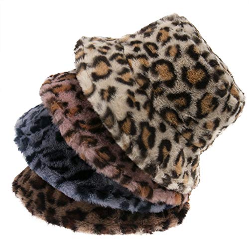 Women's Leopard Print Faux Fur Bucket Hat Fluffy Winter Warmer Plush Fisherman Cap