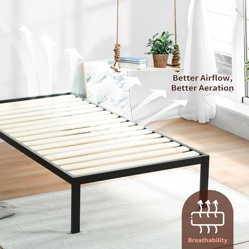 PrimaSleep 14 Inch Modern Metal Platform Bed Frame/Easy Assembly/Mattress Foundation/Wood Slat/No Box Spring Needed/Twin/Black