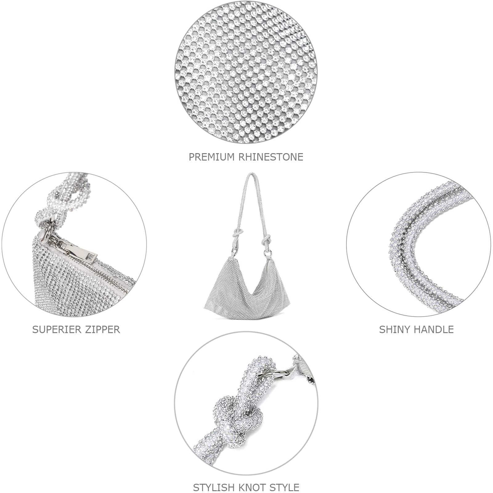 YIKOEE Sparkly Rhinestone Purse for Women Evening Hobo Shoulder Bag (Sliver)