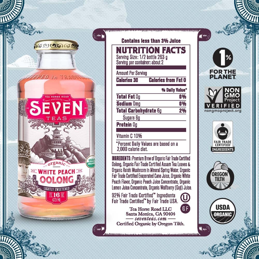 SevenTeas White Peach Oolong Tea, Organic Bottled Iced Teas 16 OZ (Pack of 12 Bottles)