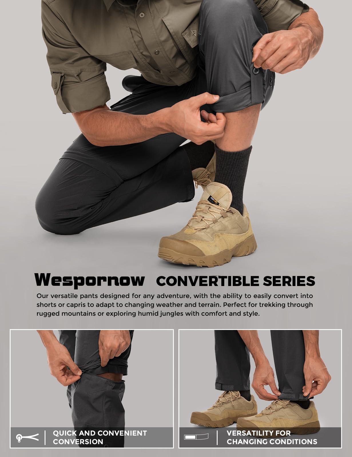 Wespornow Men's-Convertible-Hiking-Pants Quick Dry Lightweight Zip Off Breathable Cargo Pants for Outdoor, Fishing, Safari (Grey, Small)