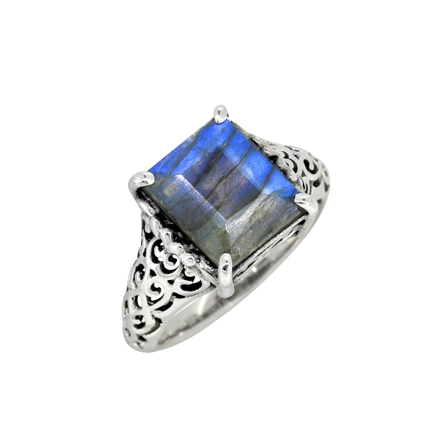 YoTreasure 10x12MM Blue Fire Labradorite Filigree Ring Solid 925 Sterling Silver Jewelry