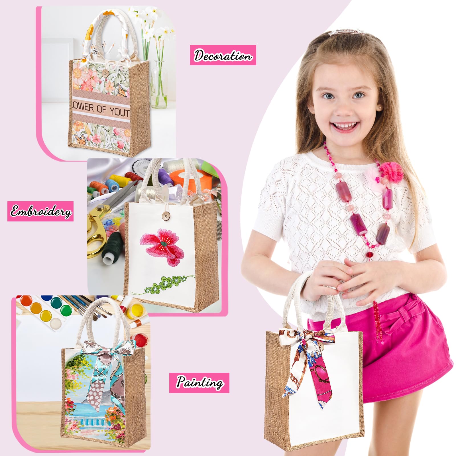 VeyFolzin.st Jute Burlap Totes Bags, Reusable Waterproof Tote Shopping Bag Blank DIY Canvas Gift Bag with Button & Ribbons (A)