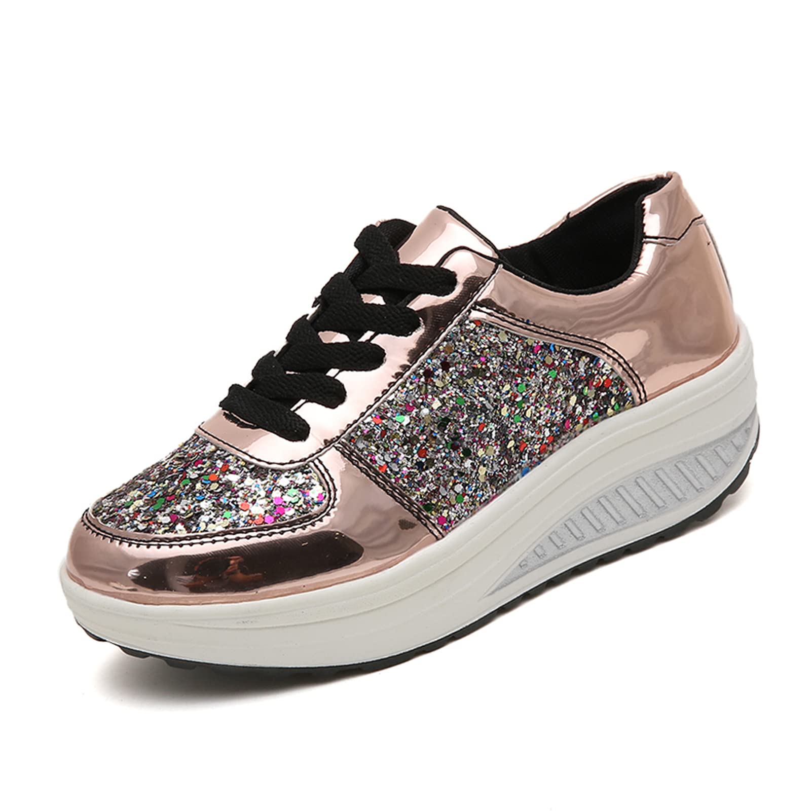 Women's Color Diamond Sequin Mirror Platform Sneakers,Fashion Low Top Lace Up Orthotic Arch Support Pain Relief Casual Shoes Sparkly Wedge Athletic Tennis Walking Running Shoes (Rose Gold,4.5,4.5)
