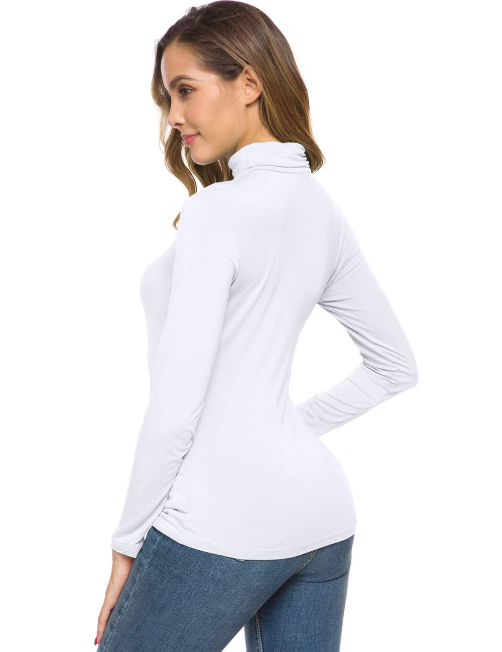 Women's White Long Sleeve Basic Layer Turtleneck Top Lightweight Slim Fit Soft T-Shirt Small