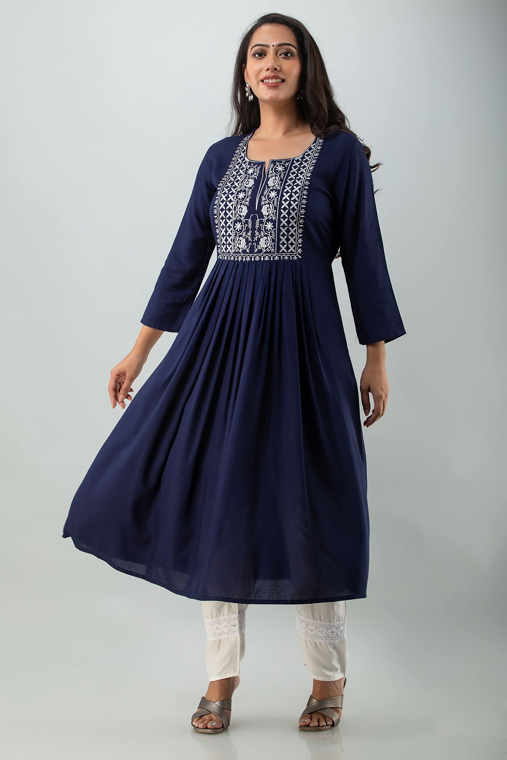 Women's Rayon Printed Anarkali Kurti With Palazzo (Blue, Small)