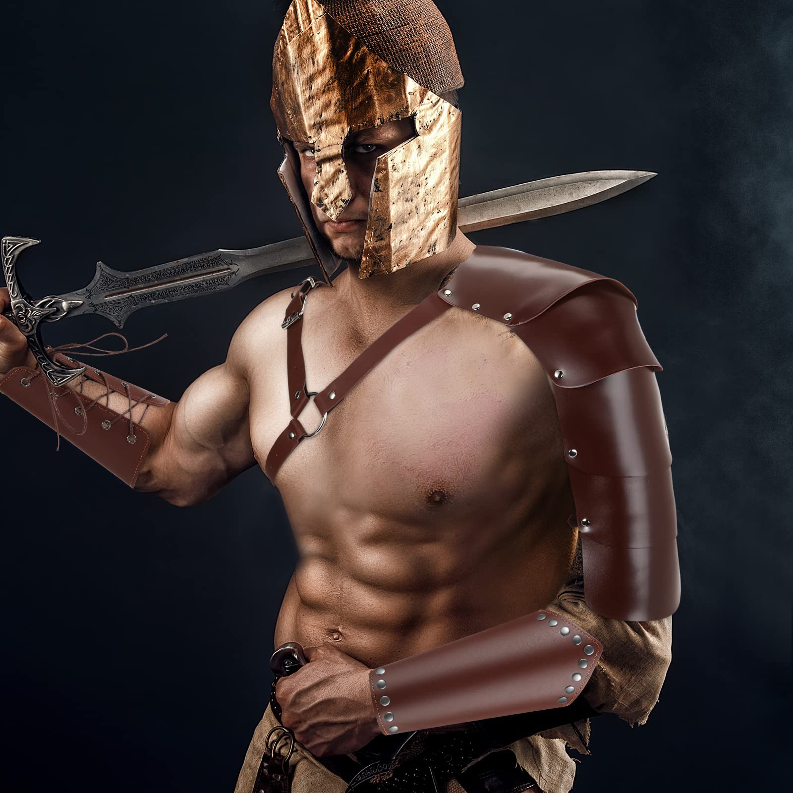 Vicenpal Leather Single Shoulder Armor Cover Cape Belt Adjustable Shoulder with 1 Pair Leather Arm Bracers, Medieval Leather Arm Guard (Brown)