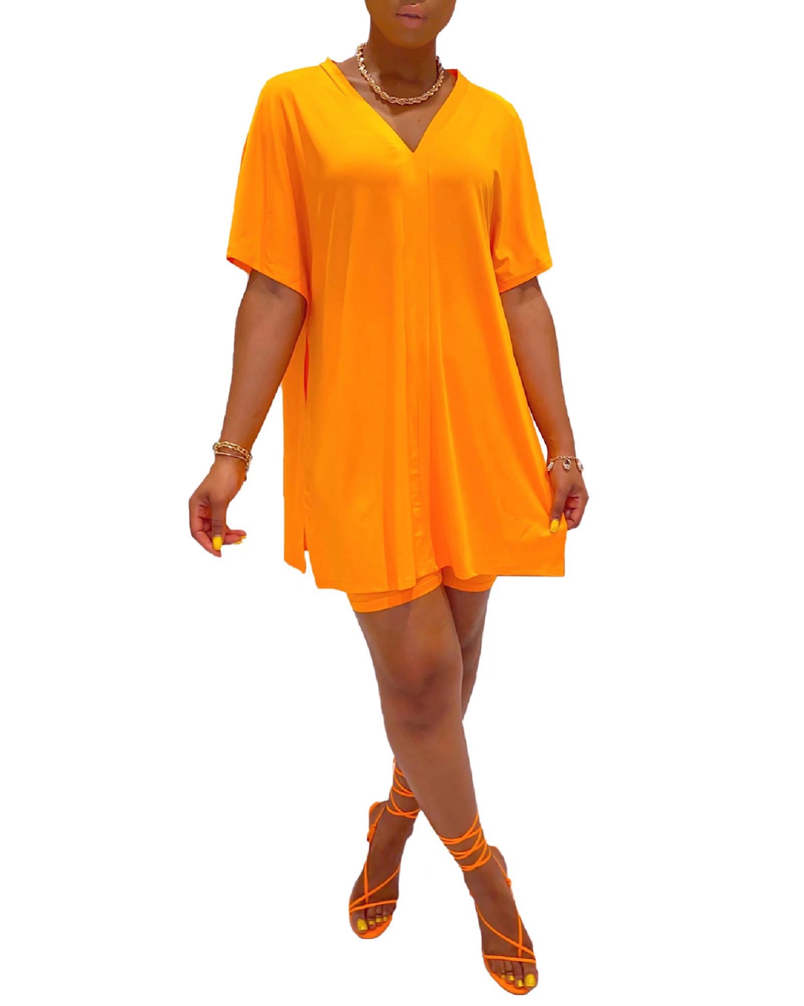 Women Casual Oversized Two Piece Outfits Batwing Sleeve Split Caftan Poncho Tops Shorts Set Tracksuit Jumpsuit Orange XL