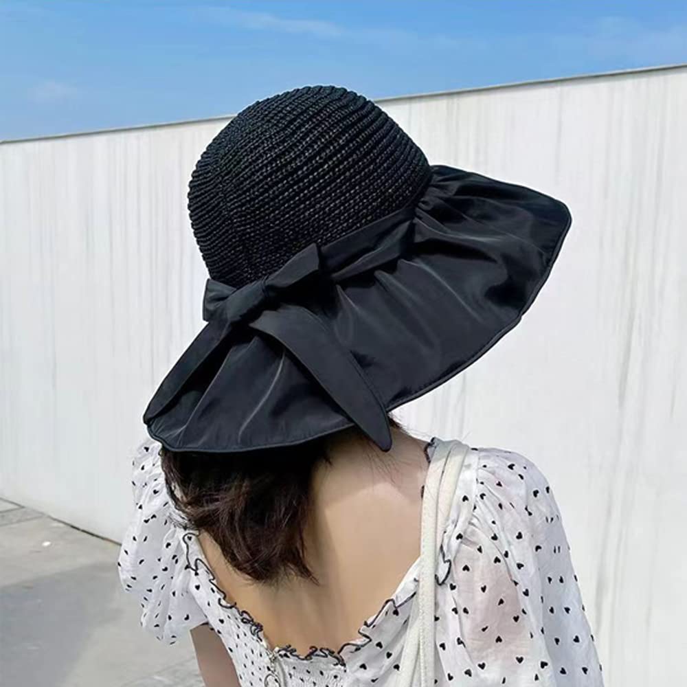 Women's UPF 50+ UV Sun Protection Breathable Wide Brim bowknot bucket hat Sun Hat (H-Black)