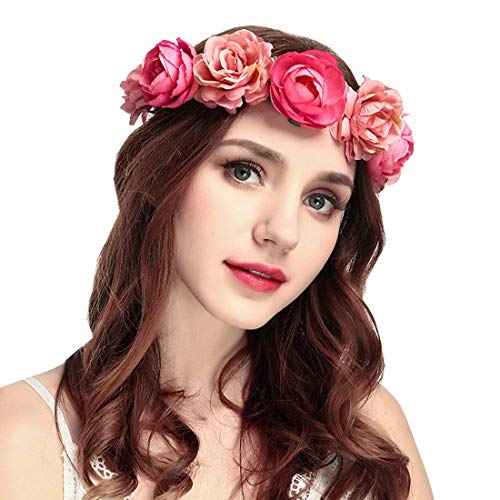 Women Rose Floral Crown Hair Wreath Leave Flower Headband with Adjustable Ribbon, Rose Red, Large