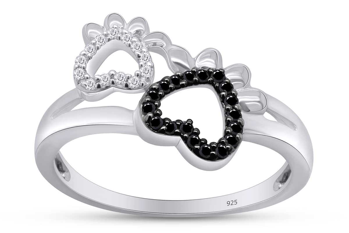 Round Cut White & Black Diamond Paw Print Promise Ring In 14K White Gold Over Sterling Silver (0.10 cttw) Ring Size-7
