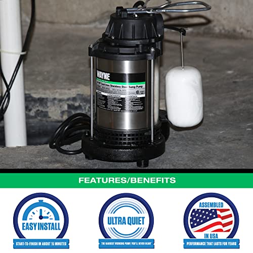 Wayne 58321-WYN3 CDU980E 3/4 HP Submersible Cast Iron and Stainless Steel Sump Pump with Integrated Vertical Float Switch, Large, Silver