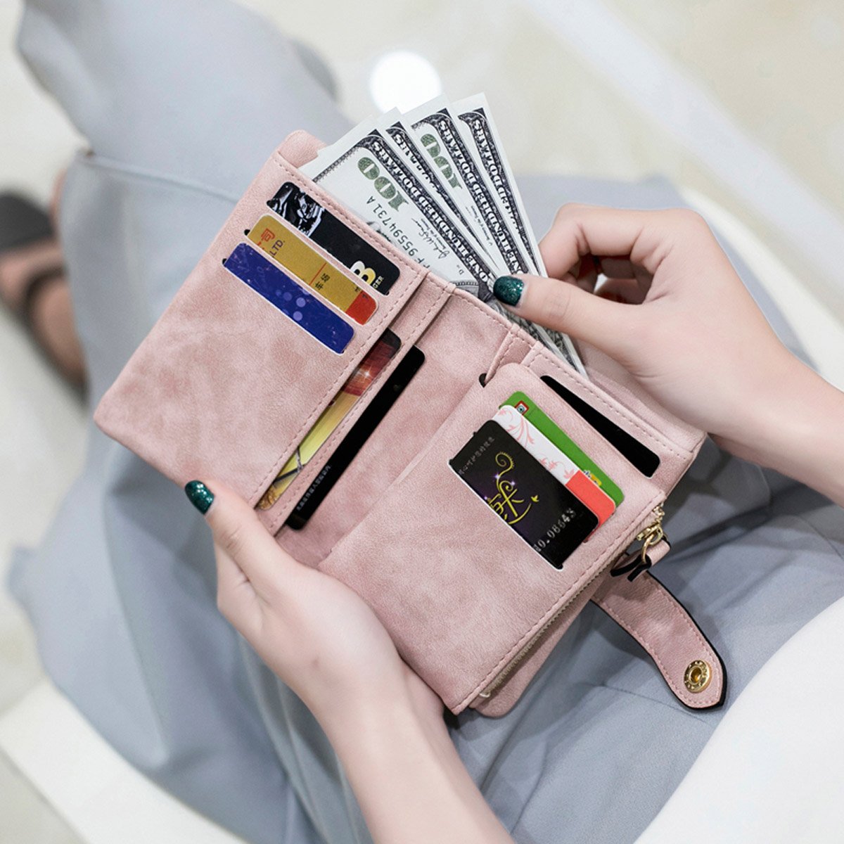 TOPKULL Bifold Small Rfid Soft Leather Ladies Trifold Wallets Billfolds Mini Wristlet Clutch Cute Zipper Coin Purse with Wrist Strap (Pink)