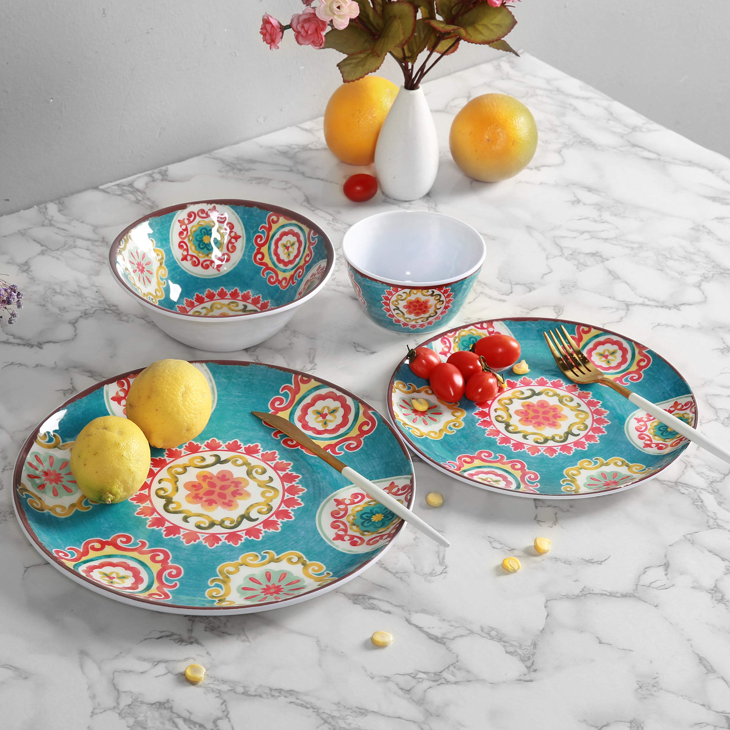 Yinshine 16pcs Melamine Dinnerware Set for 4, Outdoor and Indoor Dinner Dishes Set for Everyday Use, Break-resistant, Turquoise