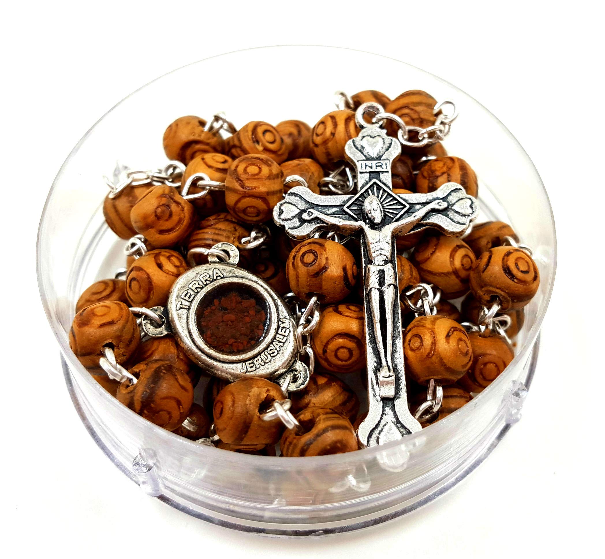 TALISMAN4U CATHOLIC ROSARY NECKLACE Olive Wood Carved Beads With Jerusalem Soil & Cross Crucifix in Gift Box