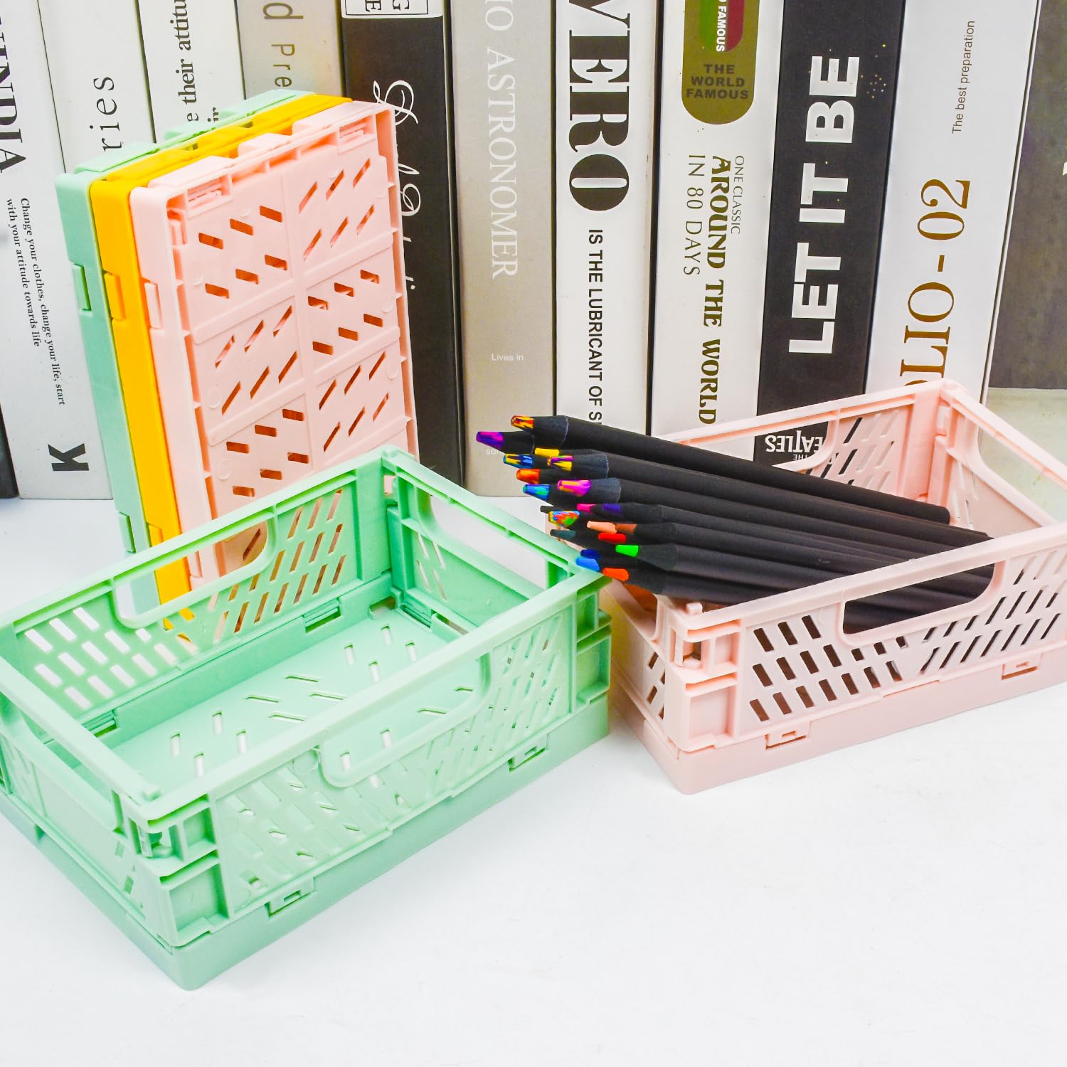 VIEKIER 6 Pack Pastel Storage Crates Mini Plastic Baskets Crates Small Baskets Durable Reliable Folding Storage Crate for Home (5.9"x4"x2.28")
