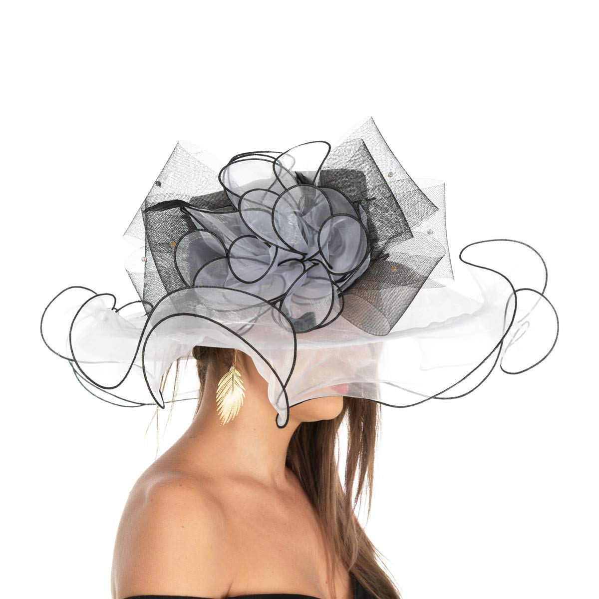 Women's Organza Church Kentucky Derby British Fascinator Bridal Tea Party Wedding Hat Summer Ruffles Cap(HL-White Black Line)