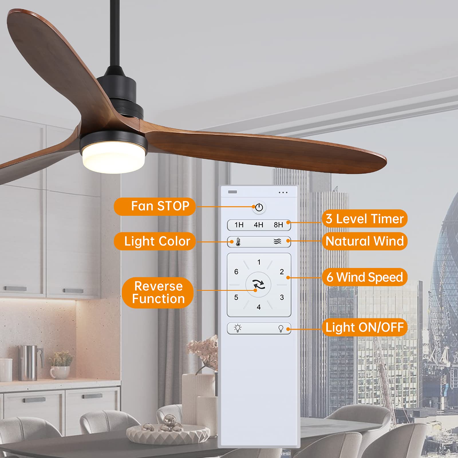 Sofucor 60" Wood Ceiling Fan with Light and Remote, Dimmable LED Ceiling Fan, Noiseless DC Motor, 3 Oil Rubbed Bronze Blades, for Indoor or Covered Outdoor, Matte Black