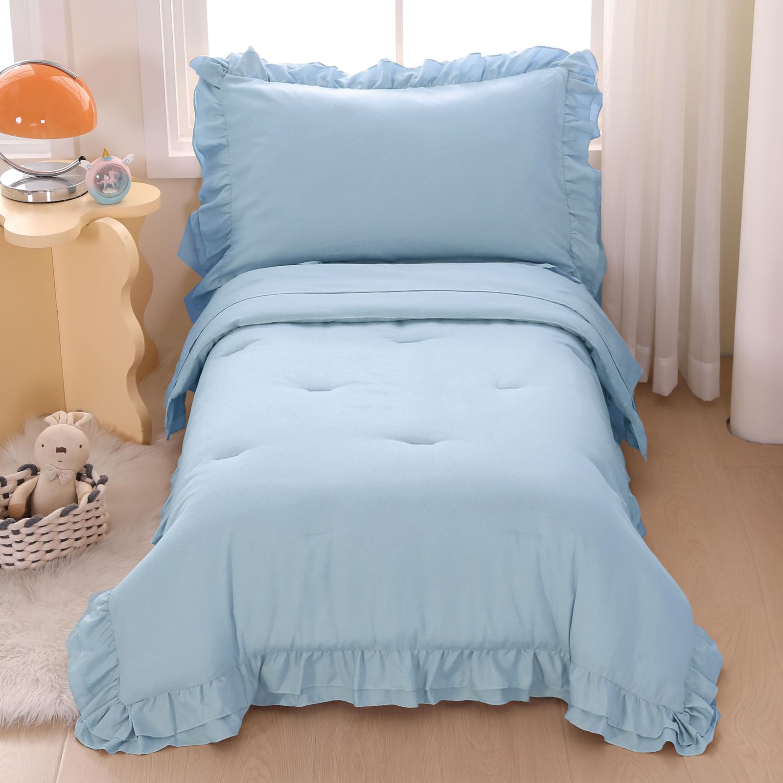 Wowelife 4 Pieces Toddler Bedding Sets for Girls Boys Beige Toddler Bed Set Double Ruffles Boho Bohemian Jacquard Kids Bed in a Bag Includes Comforter, Fitted Sheet, Top Sheet and Pillowcase