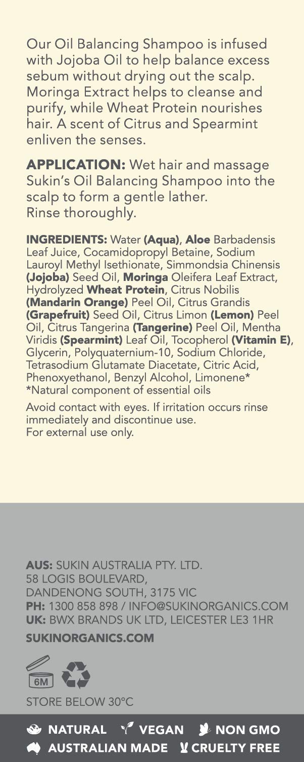 Sukin Oil Balancing Shampoo for Oily Hair, Citrus & Spearmint, 16.9 Fl. Oz.