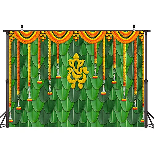 Ticuenicoa 7×5ft India Pooja Traditional Photography Backdrop Diwali Backdrops Banana Leaf Green Chatiya Ganesh Background Marigold Puja Ganpati Wedding Photo Tapestry Booth Props