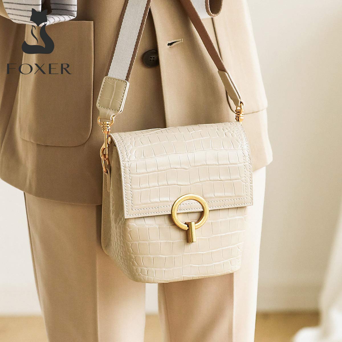 Women Shoulder Bag Genuine Leather Handbag Crossbody Crocodile Pattern Designer Mini Bags (White)