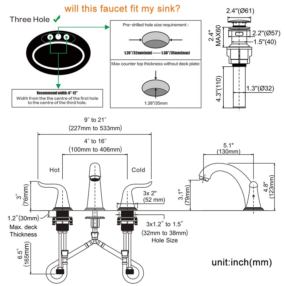 WOWOW Widespread Bathroom Faucet Oiled Rubbed Bronze Bathroom Sink Faucet 3 Hole Vanity Faucet 2 Handle Basin Faucet 8 Inch Mixer Tap with Pop Up Drain and Supply Hose
