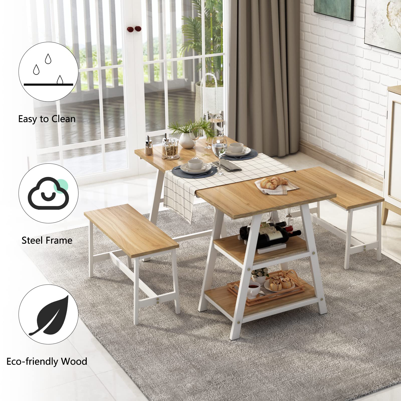 soges 3 Pieces Kitchen Dining Table Set for 4, Breakfast Table Set with 2 Benches, Wooden Dinette with Wine Shelf and Glass Holder, Oak 10CZWKDS03OK120