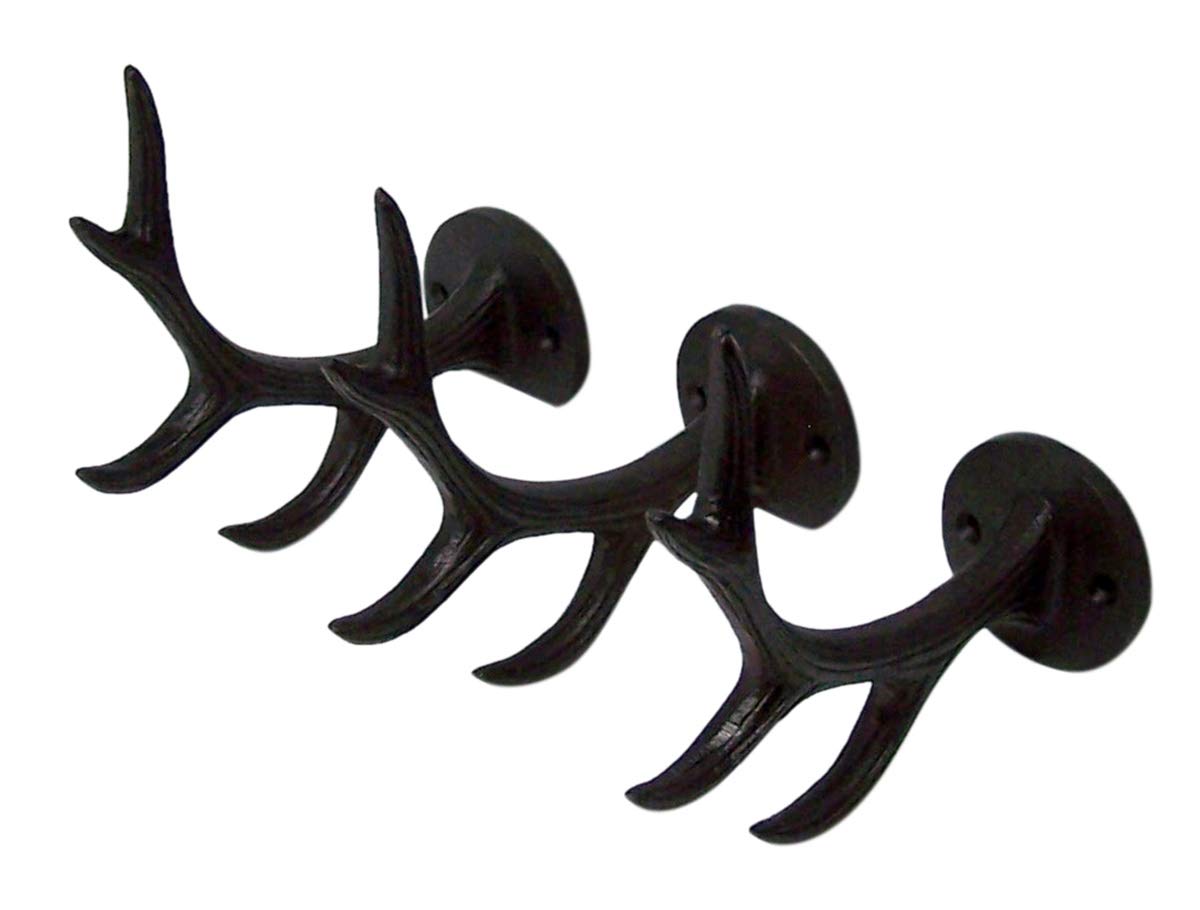 Wowser Four Point Dark Brown Deer Antler Cast Iron Wall Mount Coat Hooks, 5 1/2 Inch, Set of 3