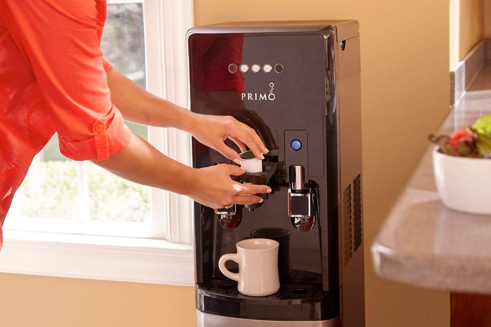 Primo hTRIO Water Dispenser with K-Cup Coffee Brewing, Bottom-Loading 2 Temp (Hot & Cold) Water Cooler Water Dispenser for 5 Gallon Bottle, Black and Stainless Steel