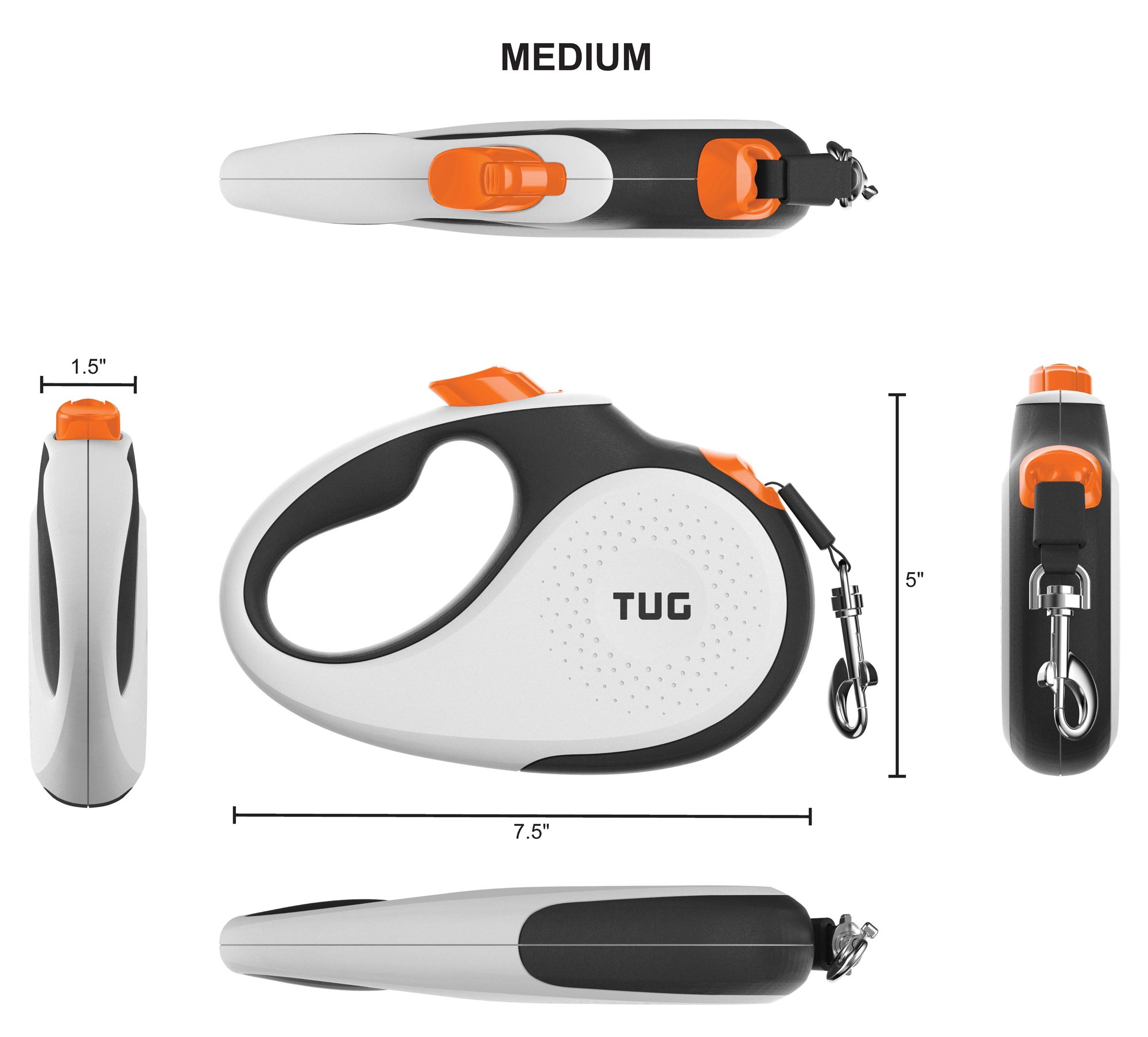 TUG 360° Tangle-Free Retractable Dog Leash with Anti-Slip Handle | 16 ft Strong Nylon Tape | One-Handed Brake, Pause, Lock (Medium, White/Orange)