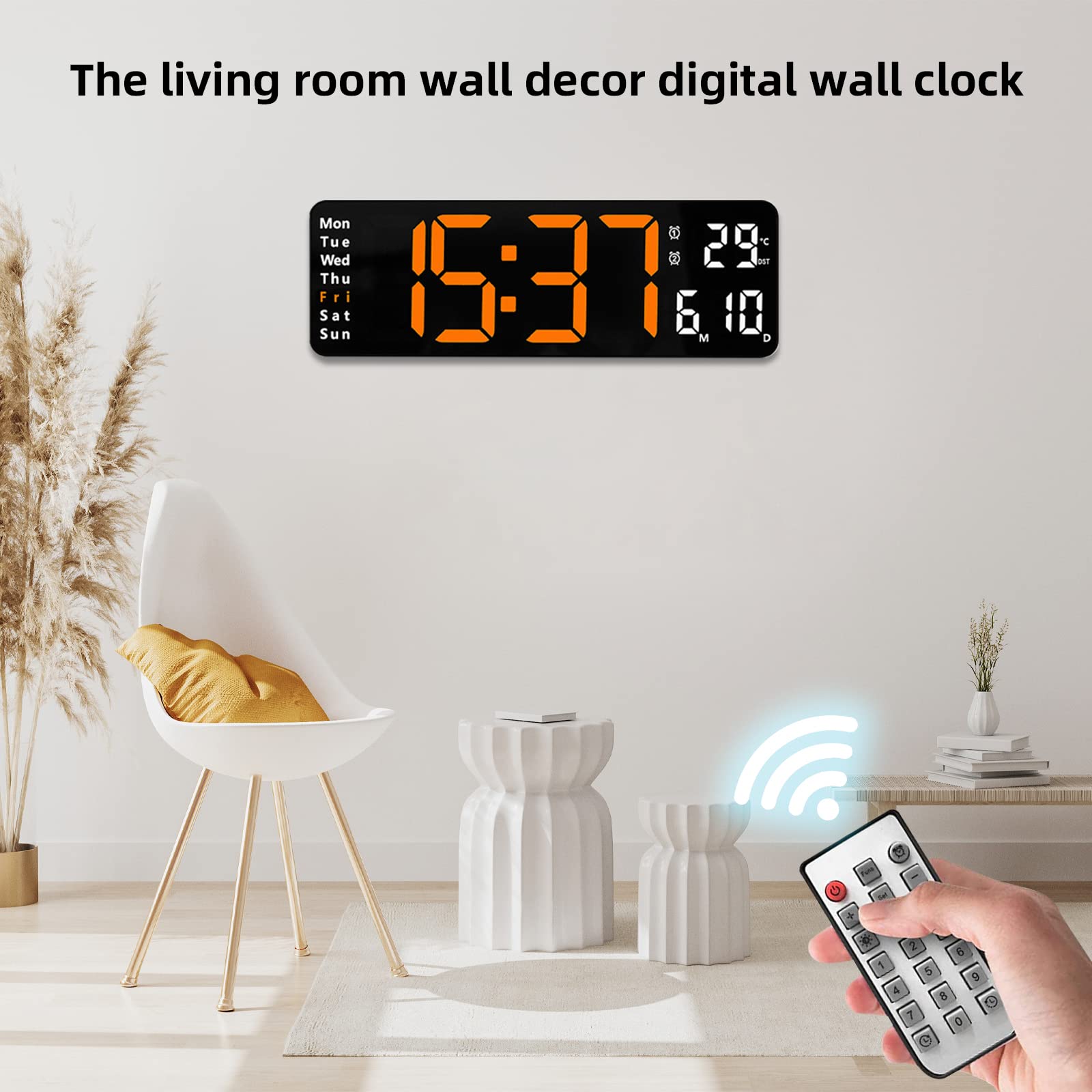 SPLITSKY 12.5 Inch Large Digital Wall Clock, Modern LED Digital Clock with Remote Control,10-Levels Brightness Dimming,Dual Alarm Clock, Date,Week,Temperature, for Bedroom, living Room, Office