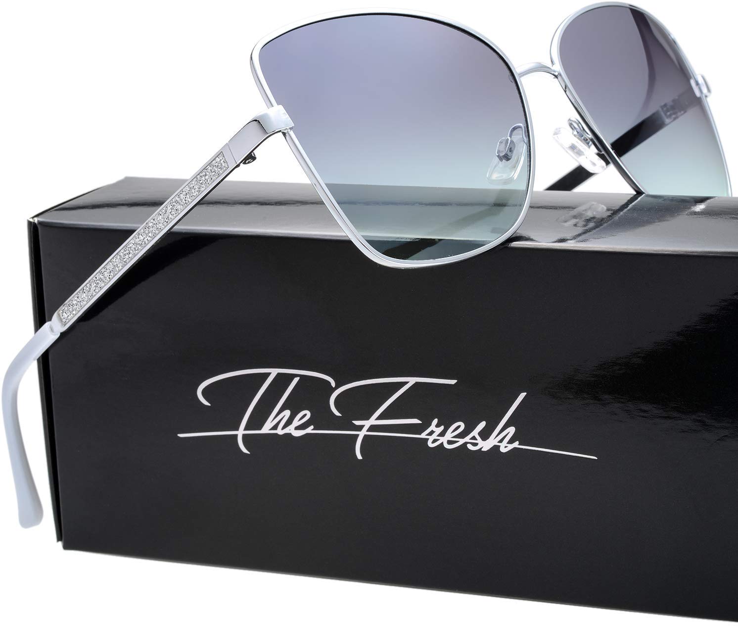 The Fresh Classic Crystal Elegant Women Beauty Design Sunglasses Gift Box (L175-Silver, Grey/Green)