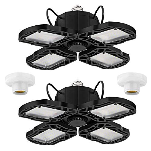 YeeSite LED Garage Lights, 100W Garage Ceiling Lights with 4 Folding Panels 10000LM, E26/E27 Sockets Included, Easy-Installation Shop Garage Lighting for Basement, Workshop, Barn, Warehouse(2 Pack)