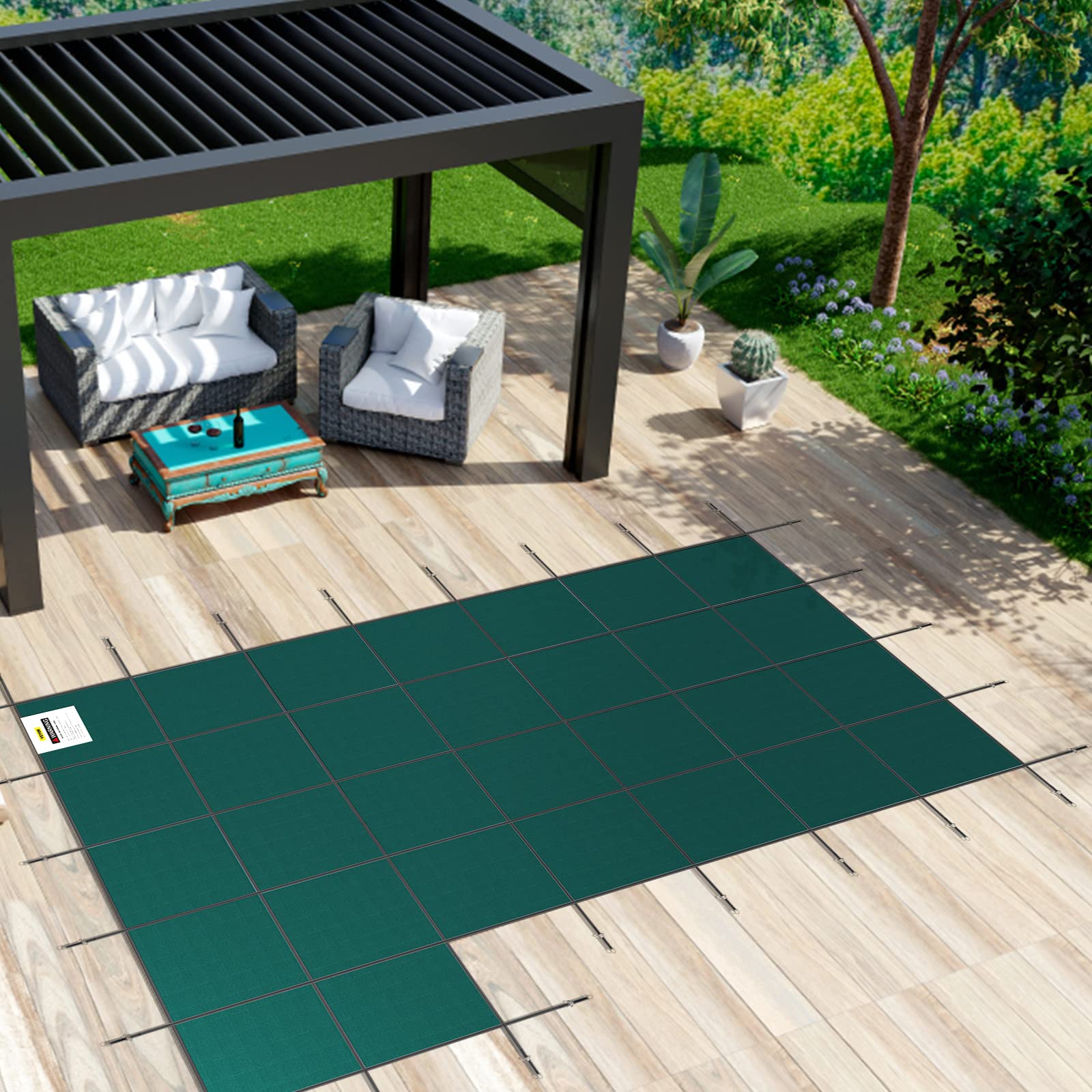 VEVOR Inground Pool Safety Cover, Fits 20 ft x 40 ft Rectangular Winter Pool Cover with Right Step, Triple Stitched, High Strength Mesh PP, Good Rain Permeability, Installation Hardware Included