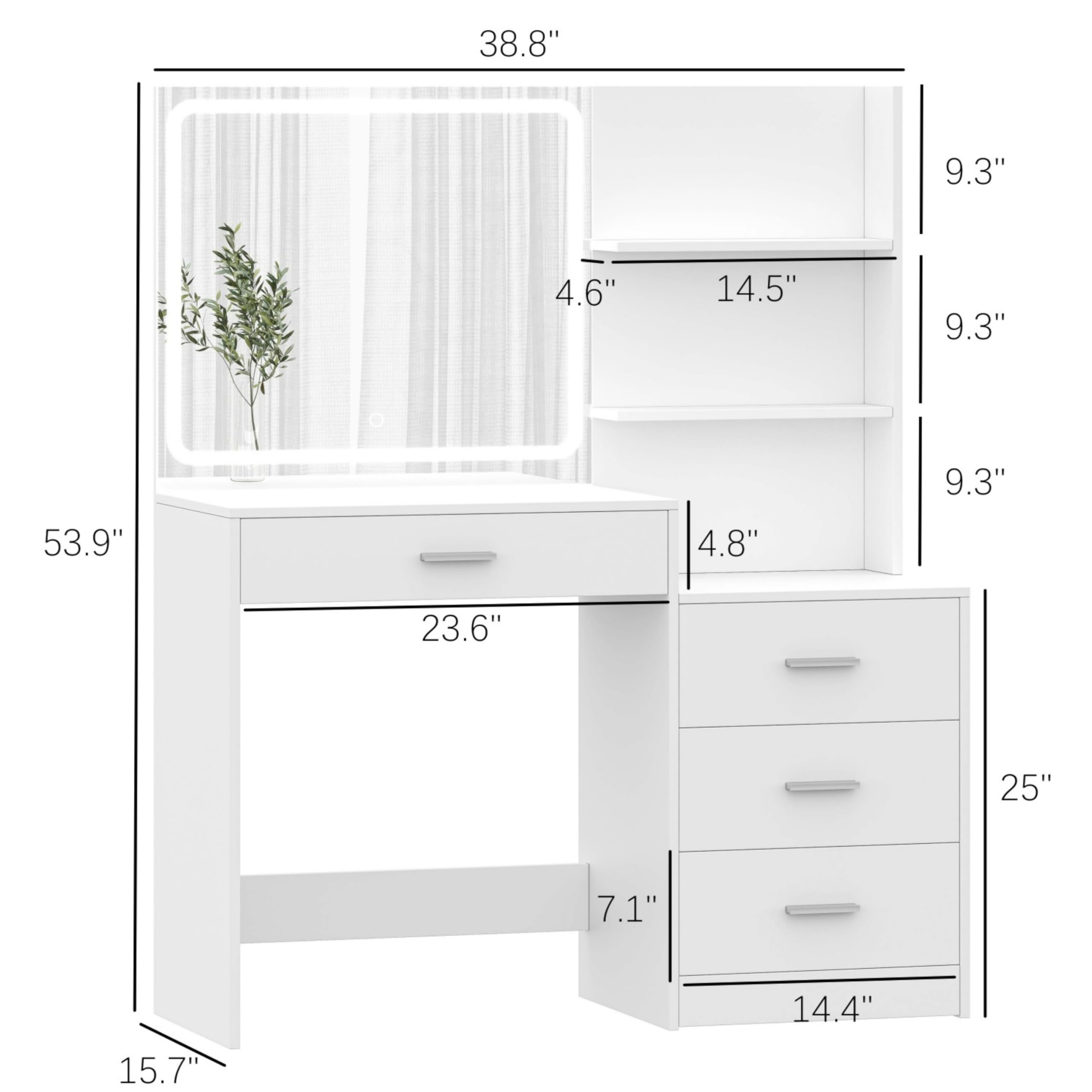 Rovaurx Makeup Vanity with 3-Color Dimmable Lighted Mirror, Large Vanity Table with Side Storage Shelf & 4 Drawers, Bedroom Dressing Desk, Brightness Adjustable, White RSZT107W